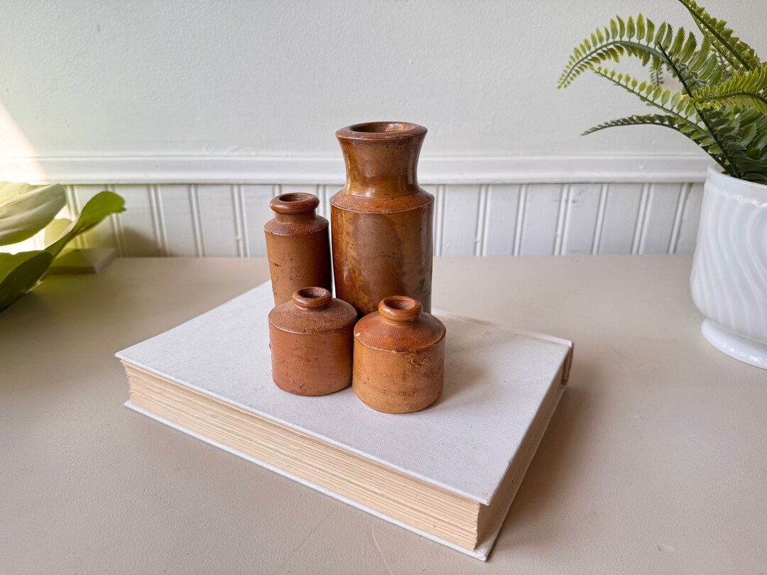 Vintage 1900s Stoneware Ink Bottles, Set of 4, Antique Pottery Bottles ...