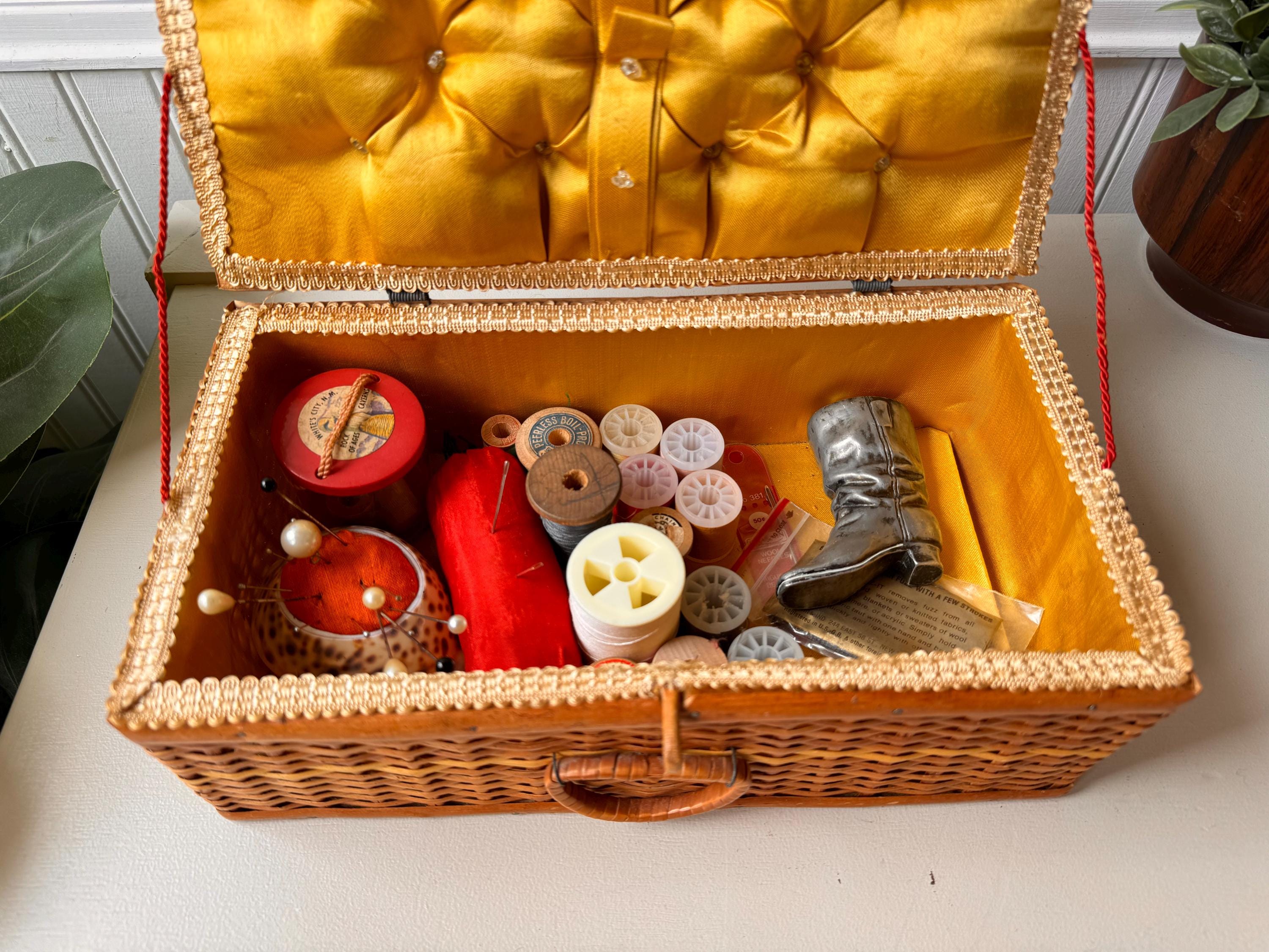 Vintage 1950s Natural Wicker Rattan Sewing Basket With Yellow Satin ...