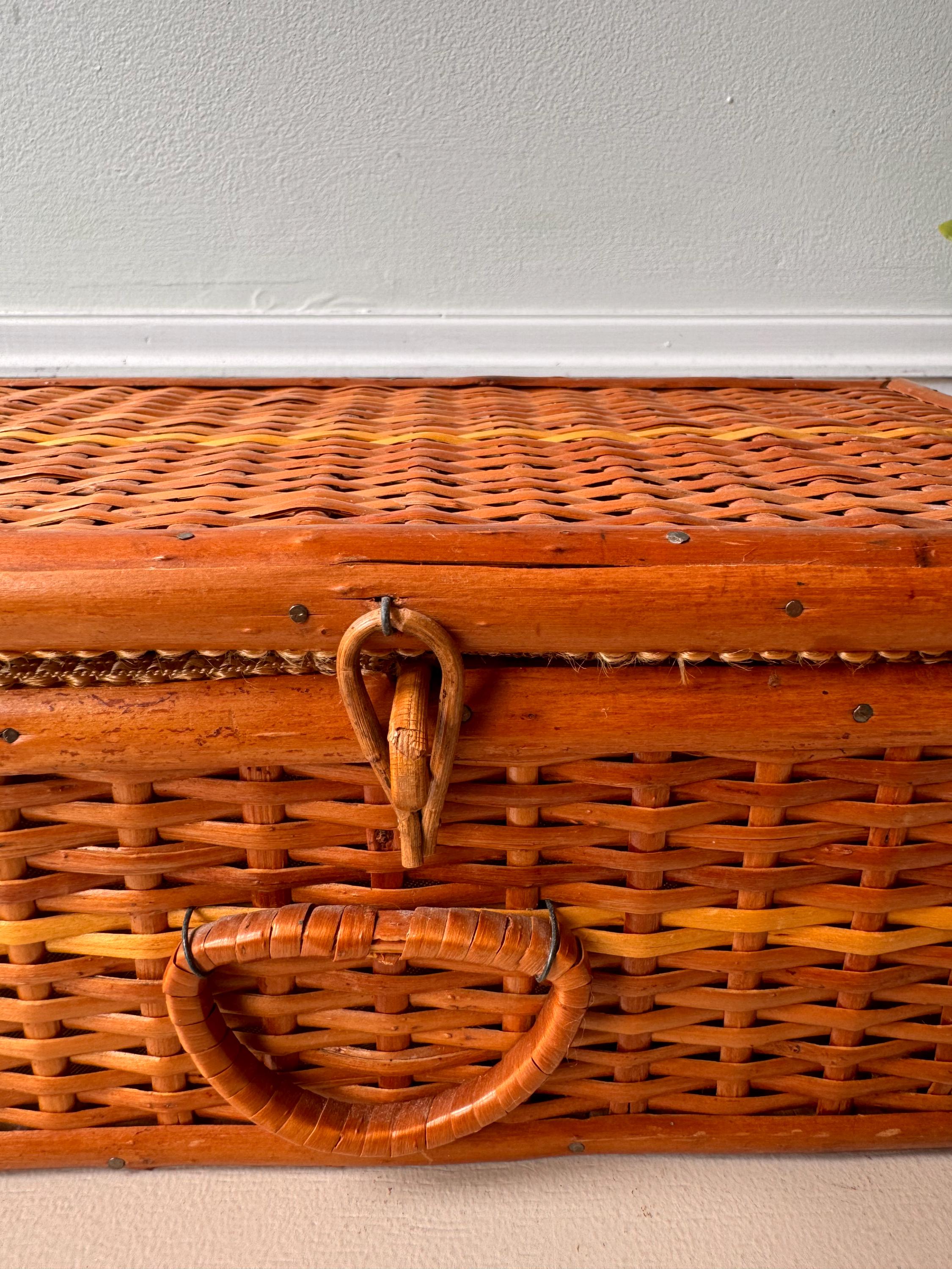 Vintage 1950s Natural Wicker Rattan Sewing Basket With Yellow Satin ...