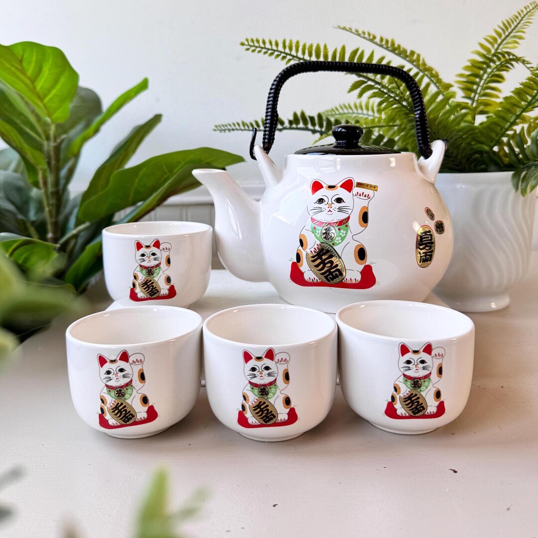 Vintage 1980s Maneki Neko Lucky Cat Tea Set, 5 Piece, Retro Ceramic ...