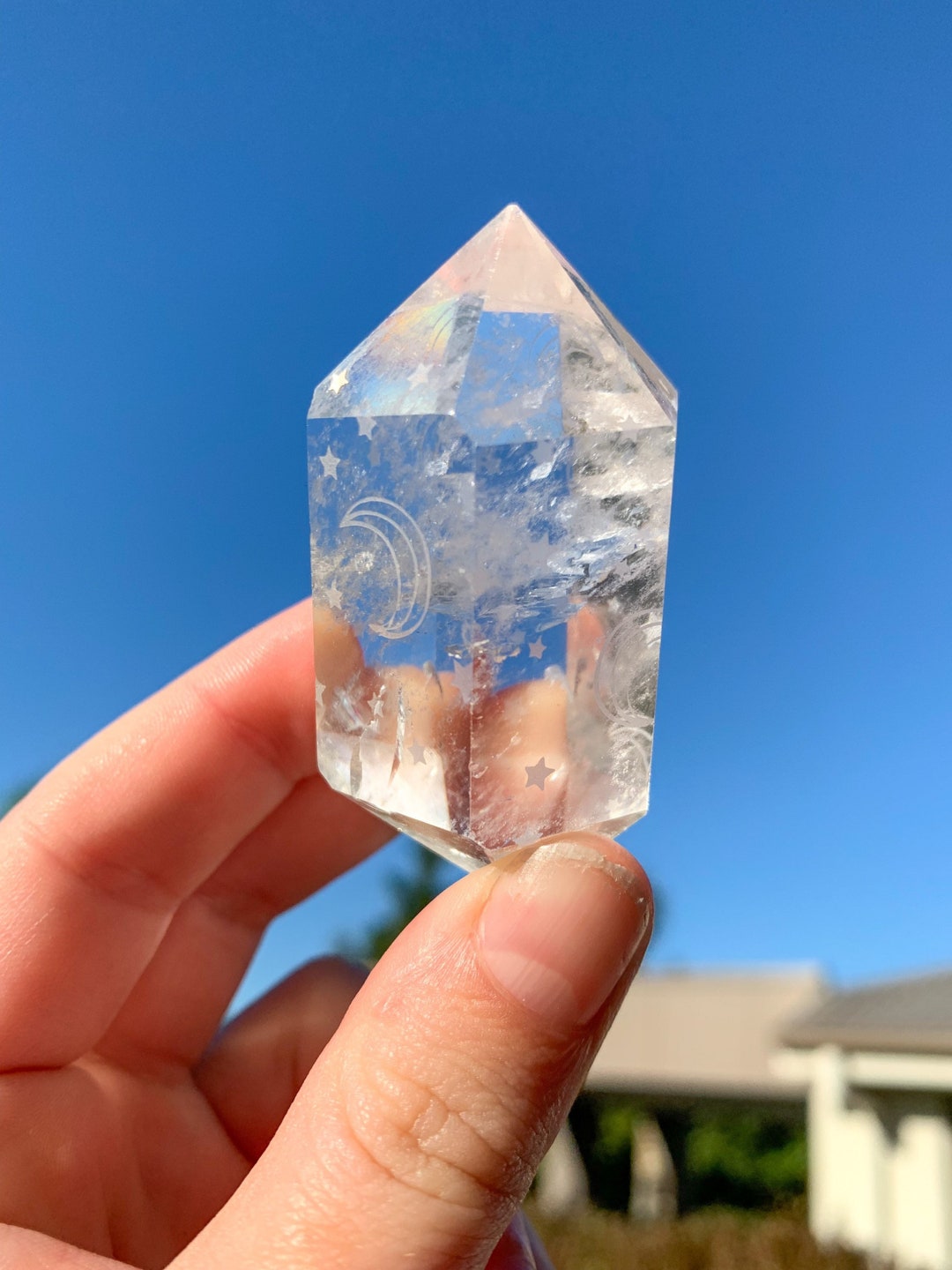 Engraved Moon and Stars Clear Quartz Point, Double Terminated Wand - Etsy
