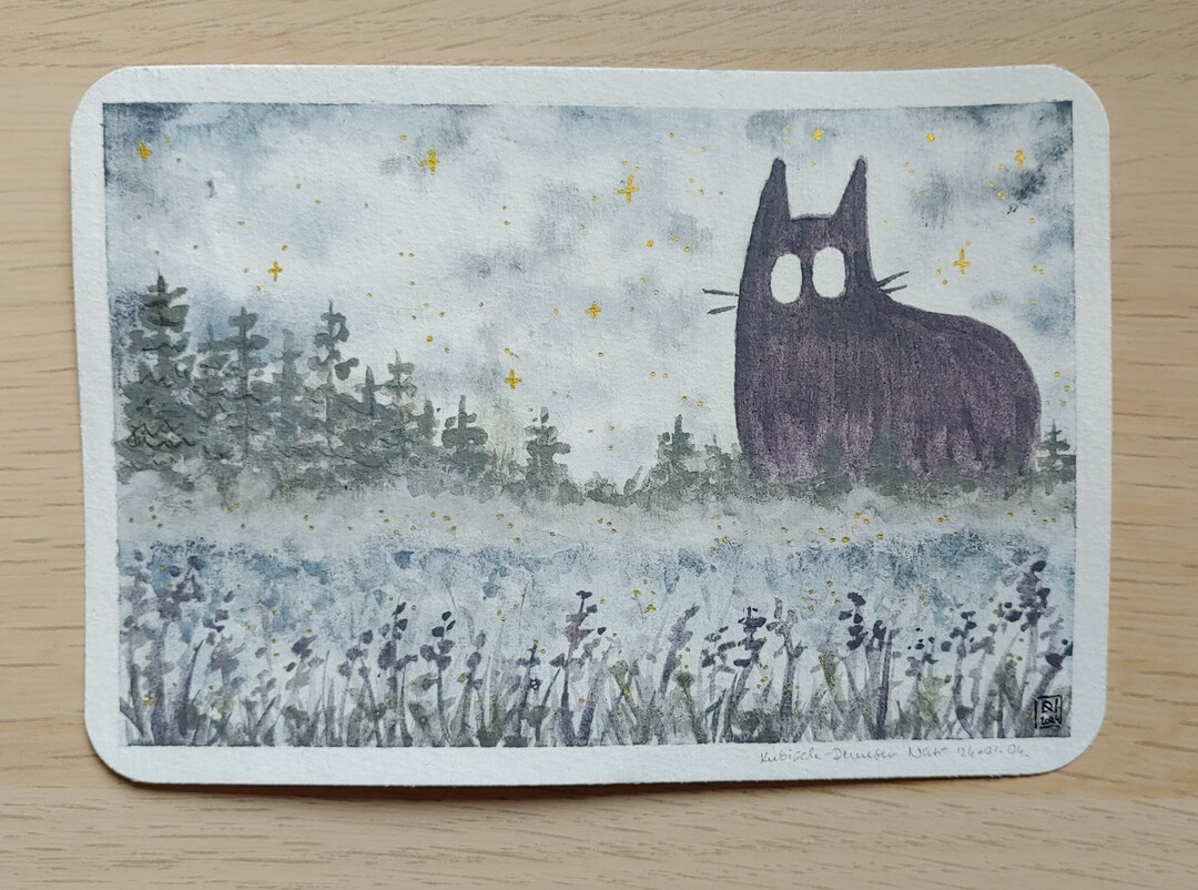 Original Giant Fog Cat 3 Hand Painted Postcard Watercolor Painting - Etsy