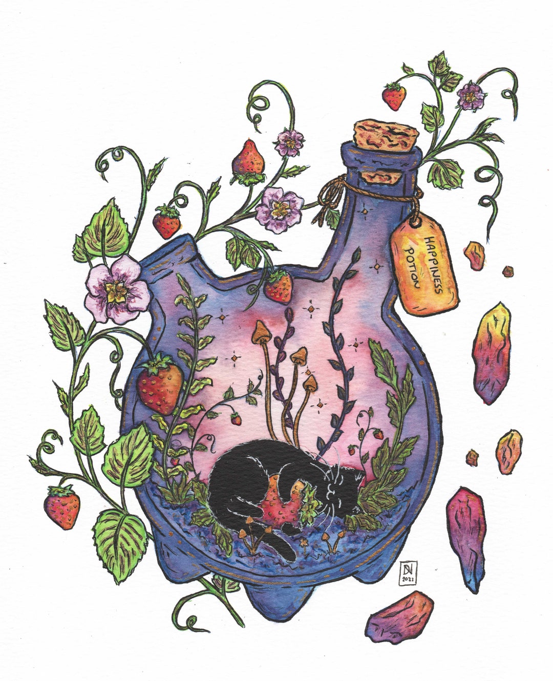 Happiness Potion Cat Watercolor Print A4 - Etsy