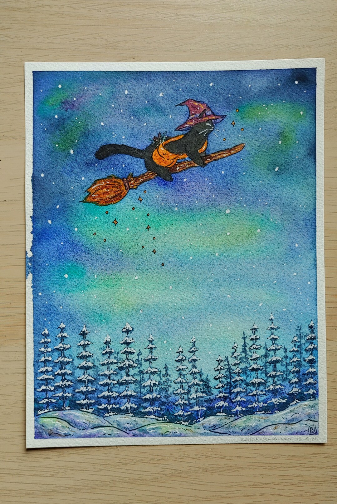 Original the Witch Cat and the Northern Lights Watercolor and - Etsy