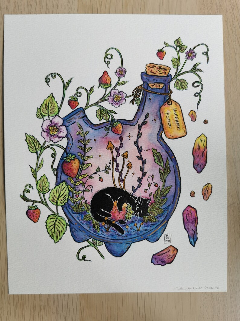 Happiness Potion Cat Watercolor Print A4 - Etsy