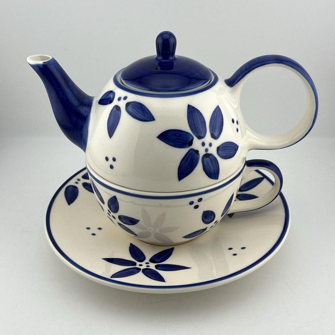 Whittard of Chelsea Tea Clipper Tea for One Set Teapot Cup Saucers Blue ...