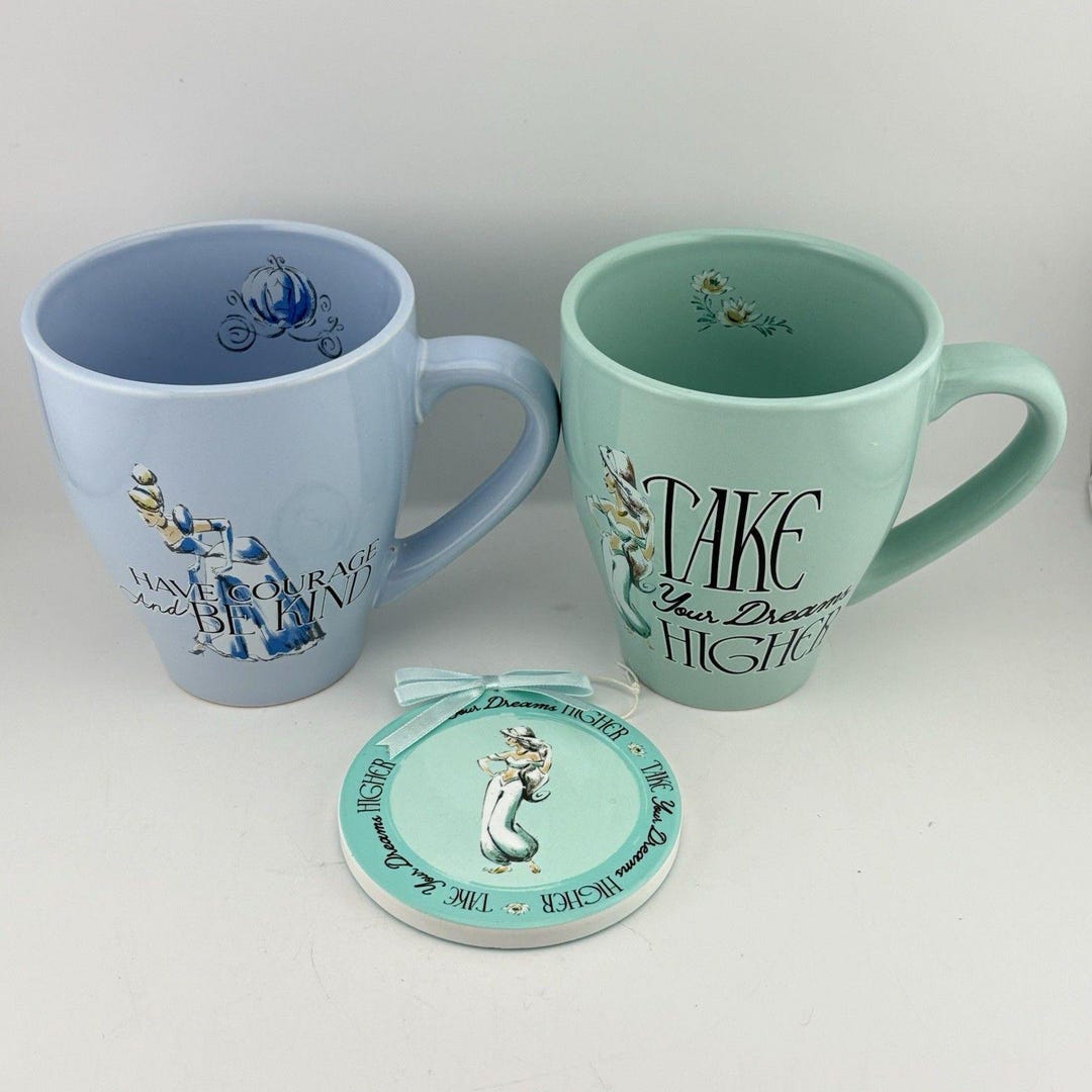 2x Official Disney Ceramic Cups Mugs Princess Slogans Dreams Kind ...