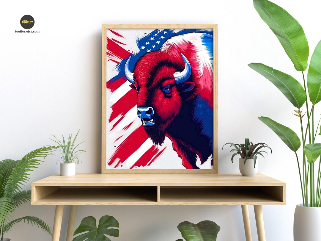 Patriotic Bison Illustration, Printable American Flag Buffalo Wall Art ...