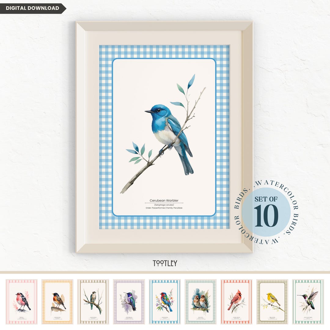 Elegant Bird Wall Art Set – Printable Watercolor Songbirds, Gingham Art ...