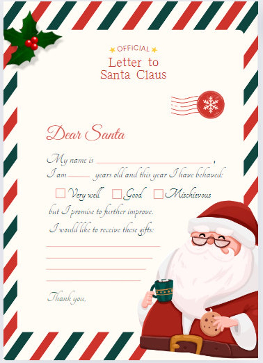 Printable Letter to Santa Template for Kids (digital Download) - Etsy