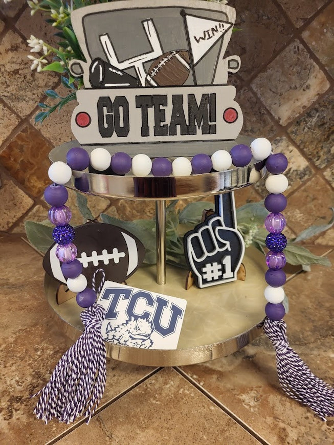 TCU or Tarleton Purple and White Colors, Tier Tray Décor, Wooden Beads ...