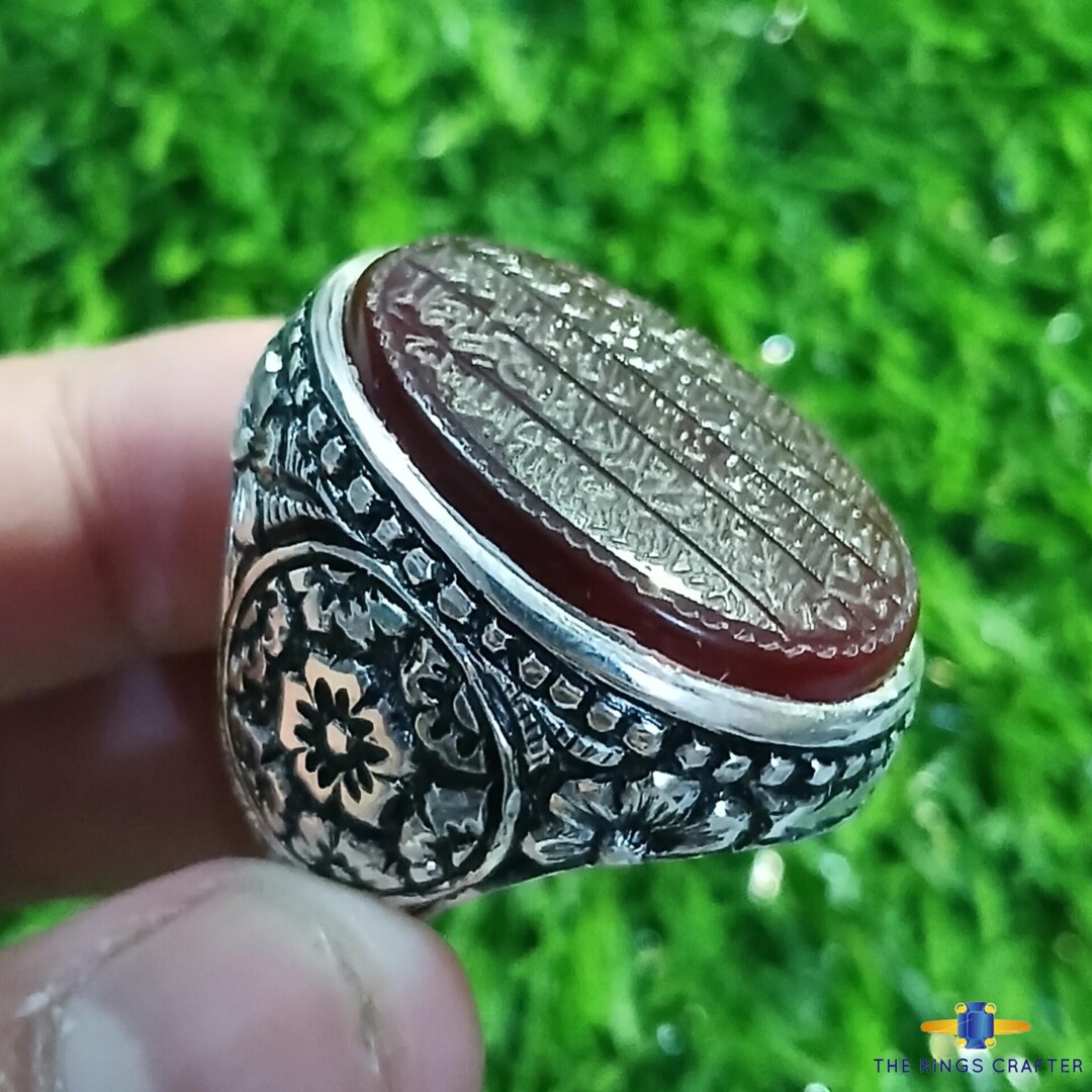 Ayat Ul Kursi Ring Engraved on Red Yemeni Agate Stone Red Akik 925 Sterling Silver Handmade Red ...