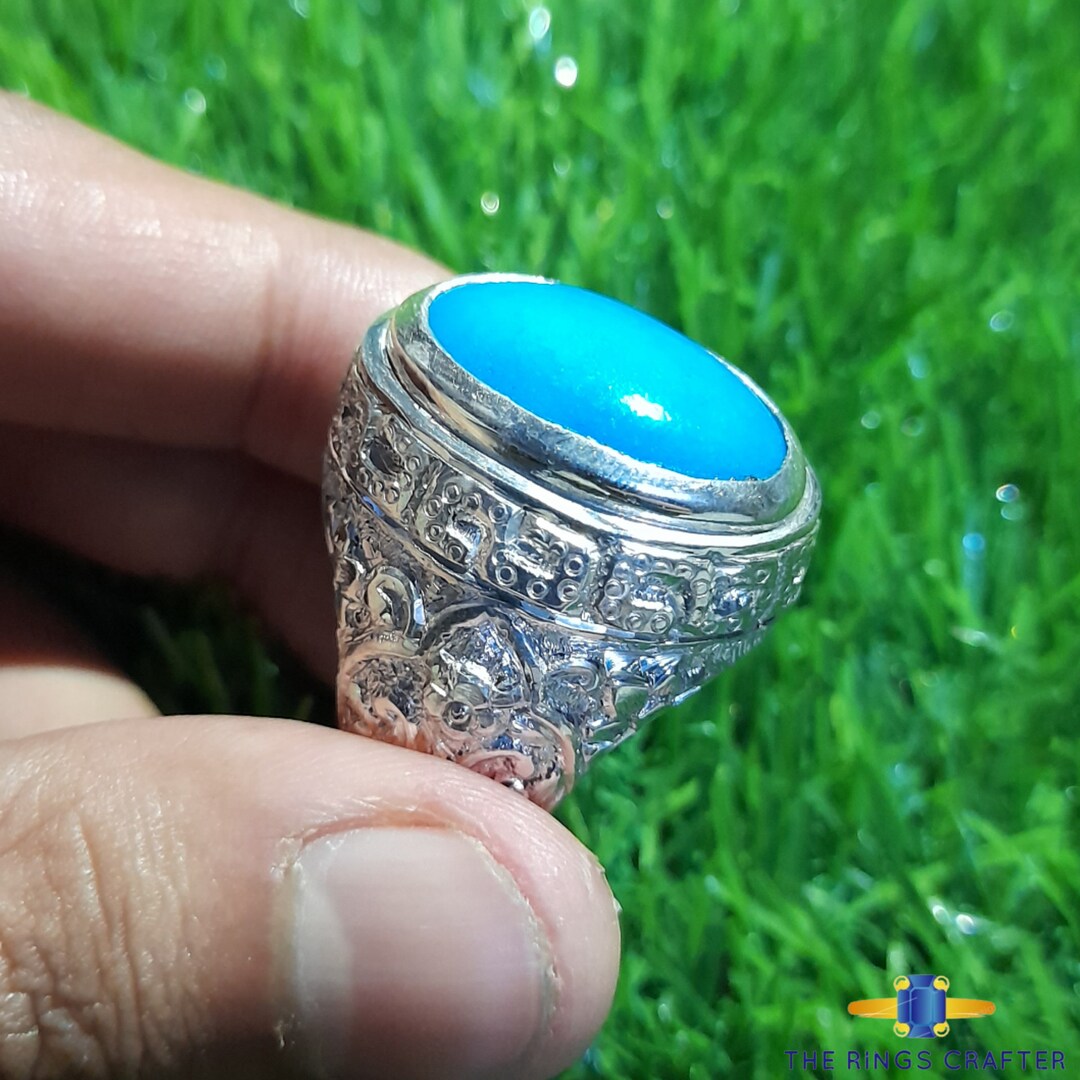Natural Rare Nishapuri Feroza Stone Blue Turquoise Gemstone Ring Real ...