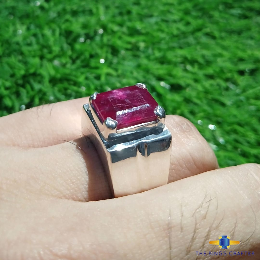 Natural Emerald Cut Ruby Stone Ring Square Shape Ruby Yaqoot Ring 925 ...