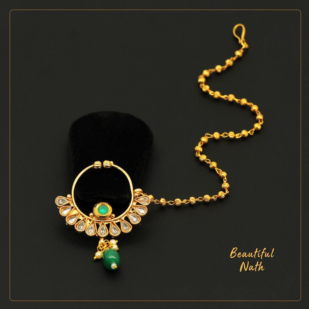 Nose Nath Indian Wedding Jewelry Gold Nose Ring Statement Jewelry Green ...