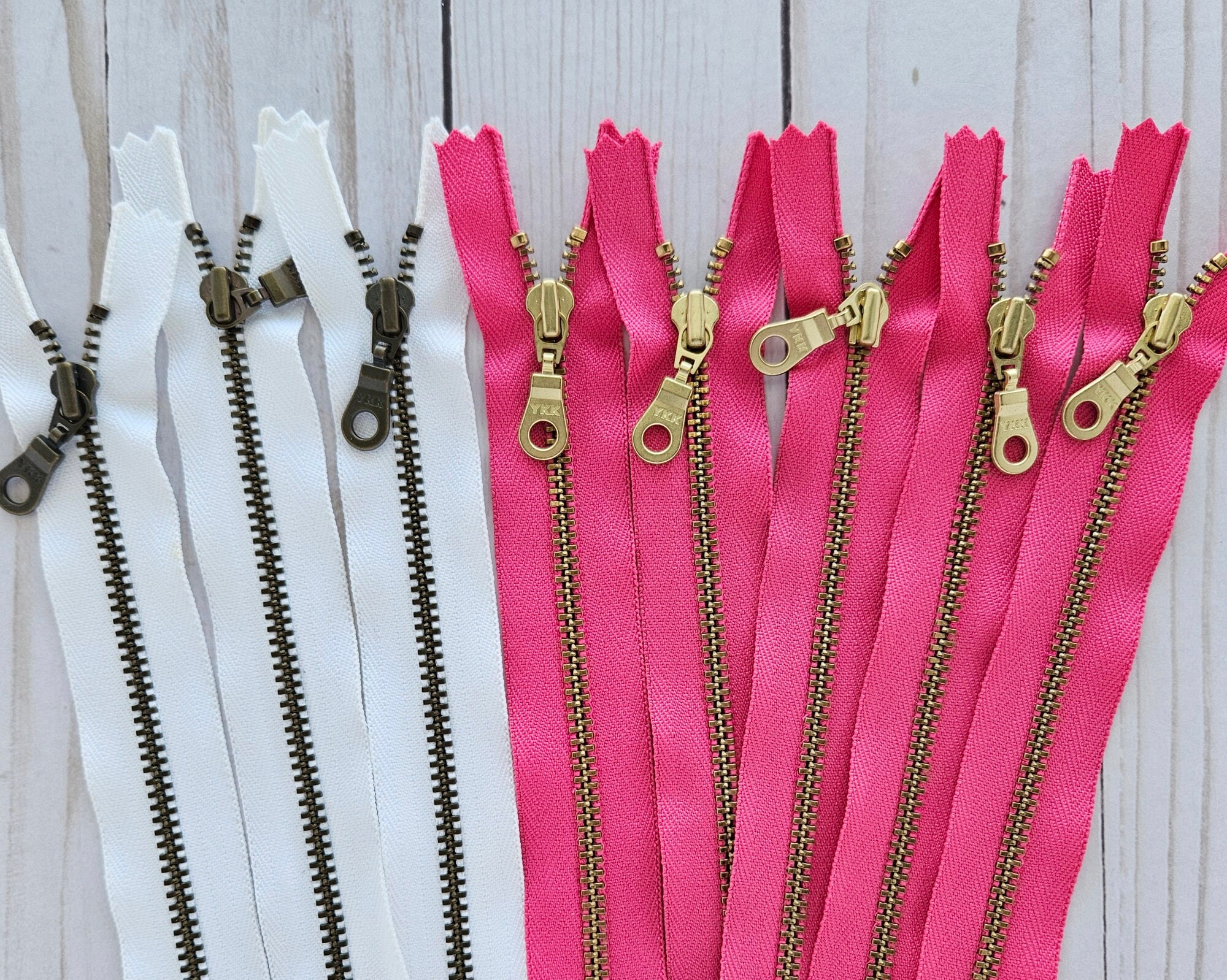 YKK Zippers 8-10 Inch Metal Zippers. Antique Brass Donut Pull Metal Zippers, Total of 8, 3 White ...