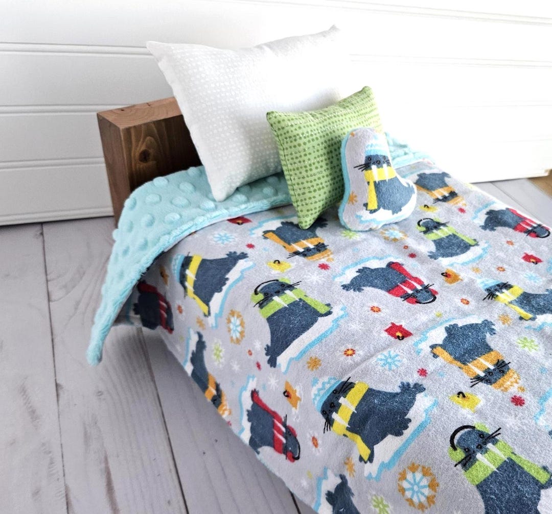 18" Doll Bedding Set. Winter Walrus Doll Blanket. White Bed Pillow, 2 ...