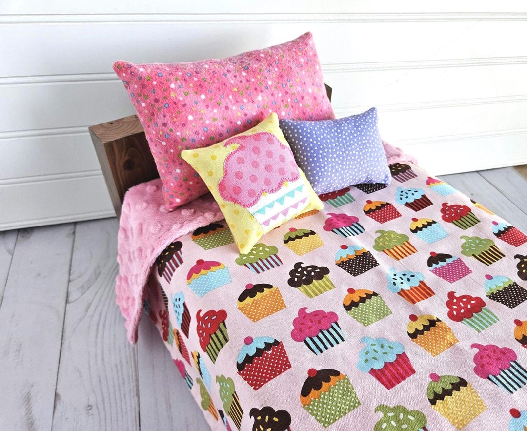 18" Doll Bedding Set. Pink Cupcake Doll Blanket. 1 Pink Bed Pillow, 2 ...