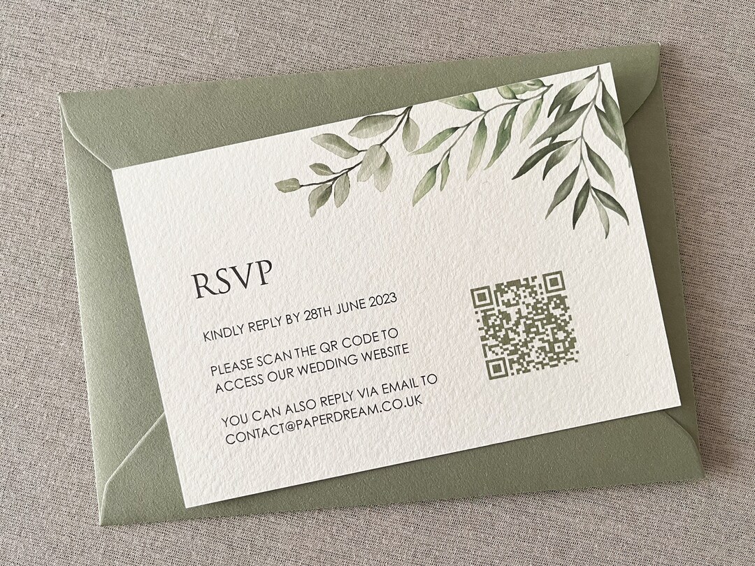 Printed Green Sage Invitation Card and QR Rsvp Card | Personalised ...