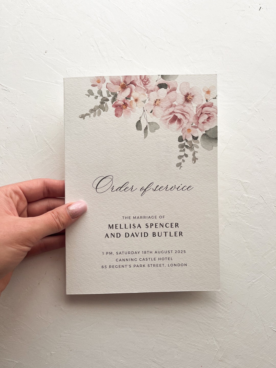 Blush Pink Flower Order of Service Booklet, Sage Green Eucalyptus ...