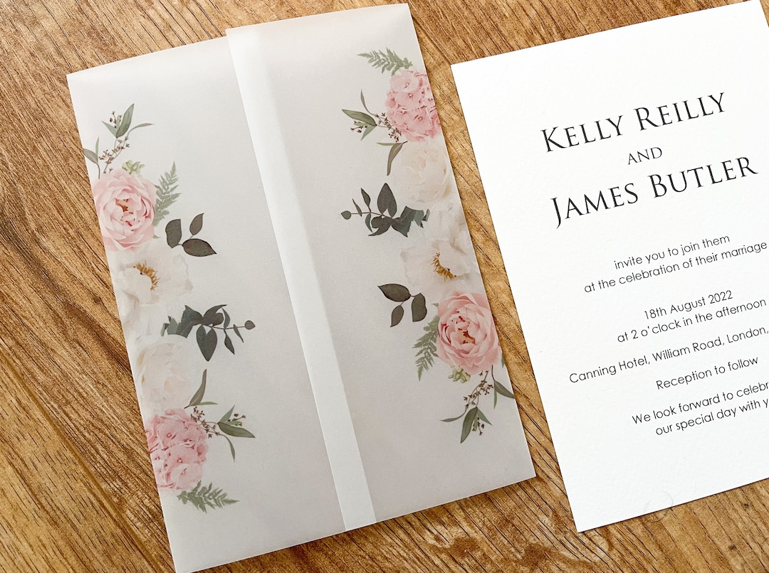 Blush Pink Vellum Wrap | 5x7" or A5 Vellum Wedding Invitation | Clear ...