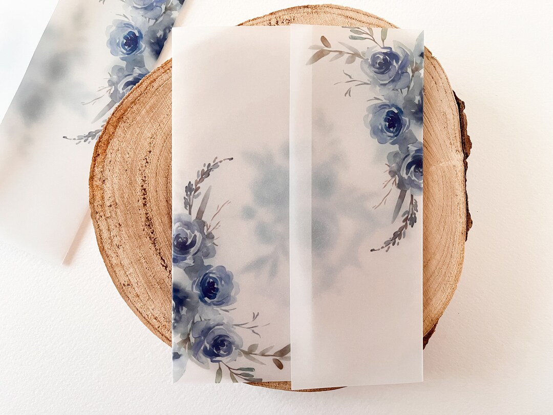 Blue Roses Wedding Vellum Wrap, Light Blue Vellum Jacket, Floral Vellum ...