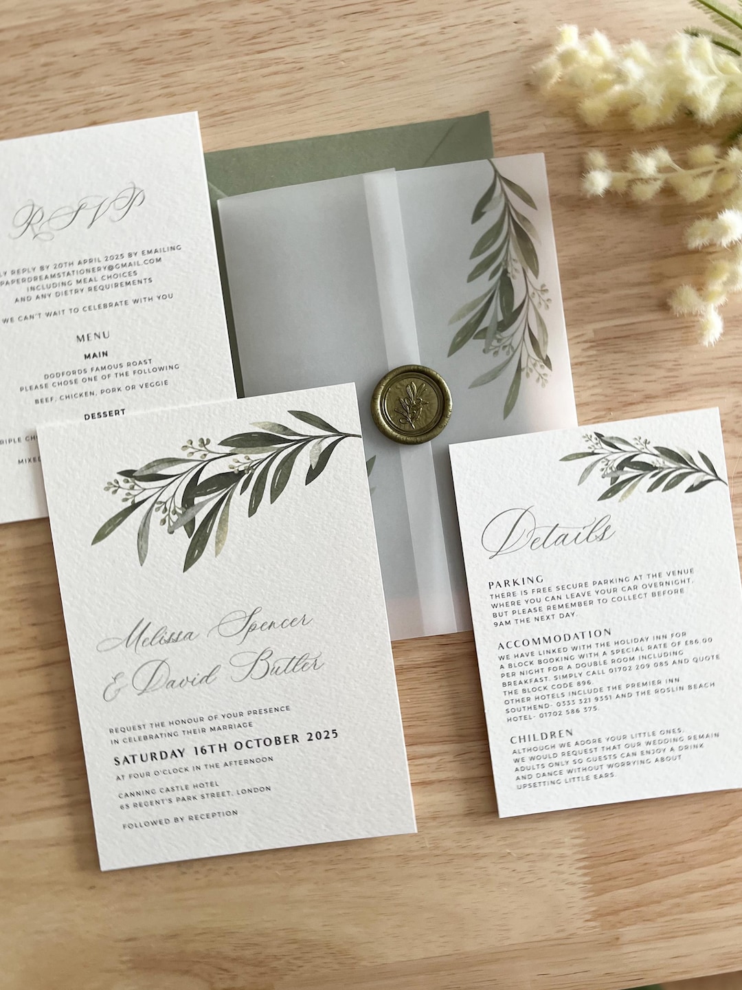 Mediterranean Olive Wedding Invitation With Optional RSVP & Details ...