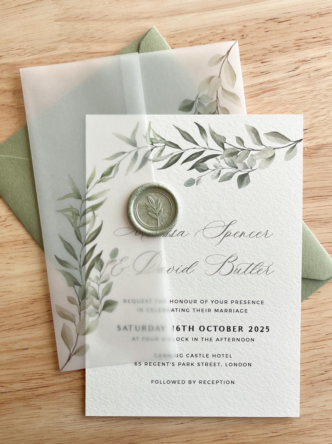 Sage Green Wedding Invitation With Vellum Wrap and Envelope, Modern ...