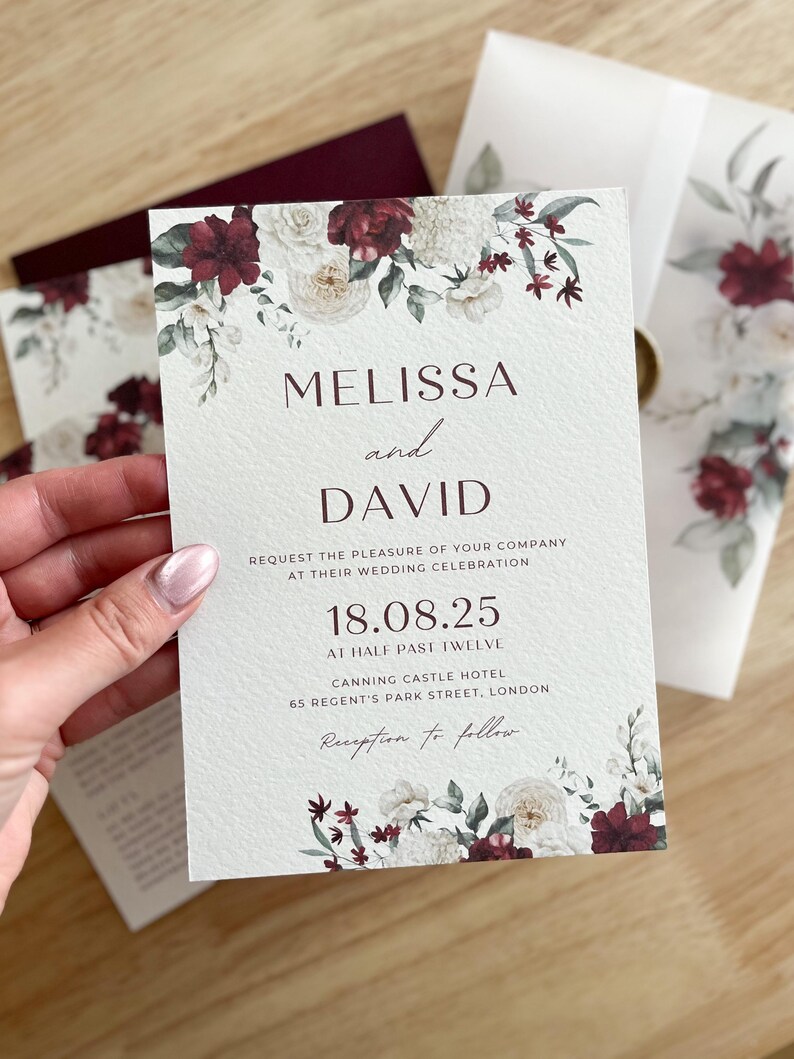 Flat Wedding Invitation Card With Burgundy Envelope, White Floral ...