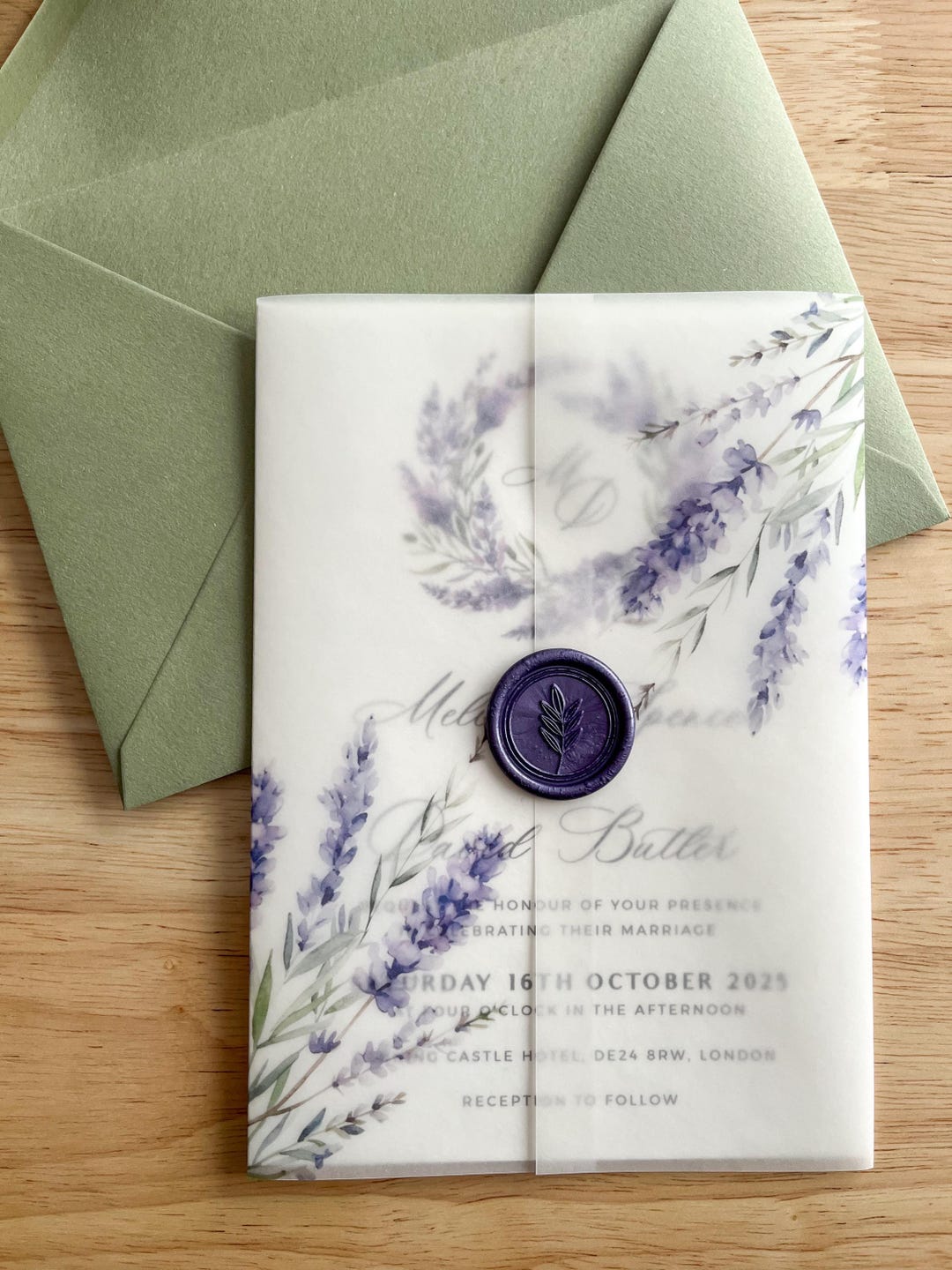 Purple Lavender Wedding Invitation With Vellum Wrap, Calligraphy ...