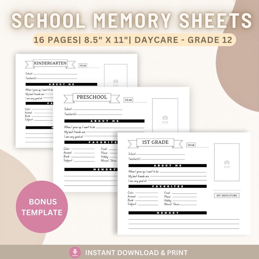 School Memory Questionnaire: Daycare to Grade 12 (printable PDF) - Etsy