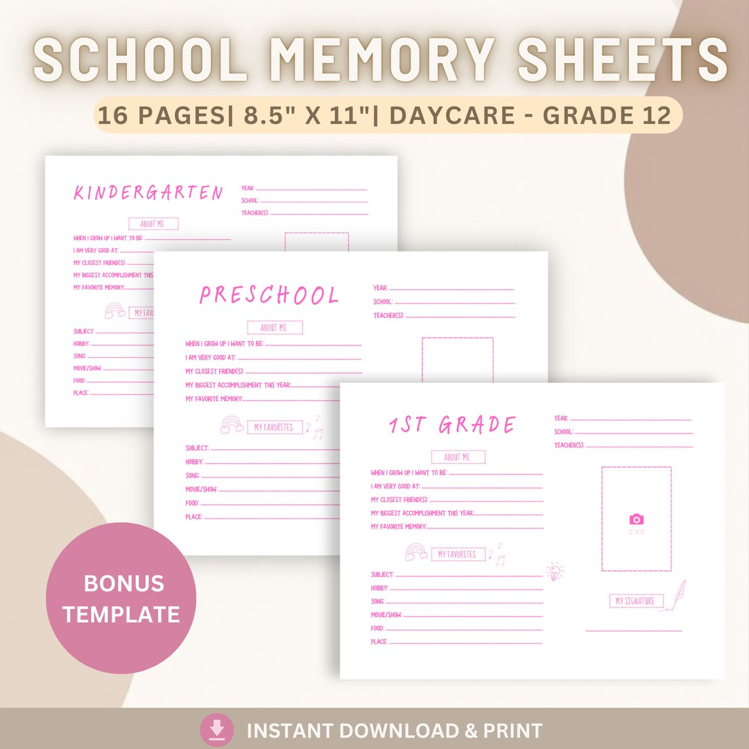 School Memory Keepsake Kid Memory Printable Pages Pink Template for ...