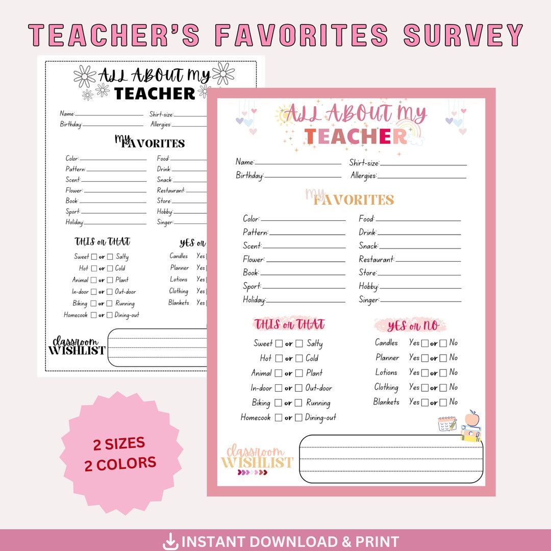 All About My Teacher Questionnaire Get to Know My Teacher Teacher ...