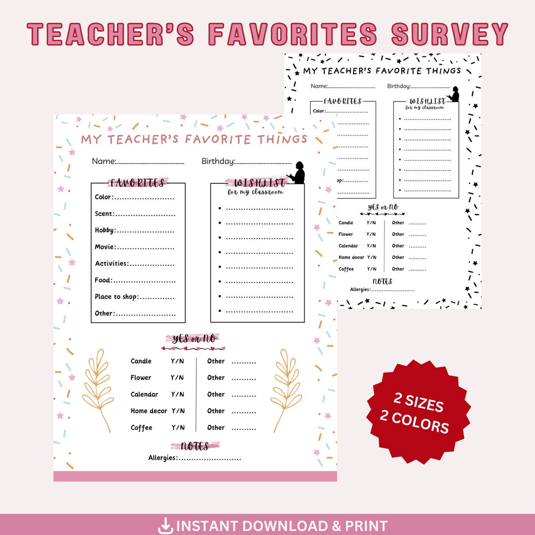 Teacher Favorites Survey All About My Teacher Teacher Appreciation ...