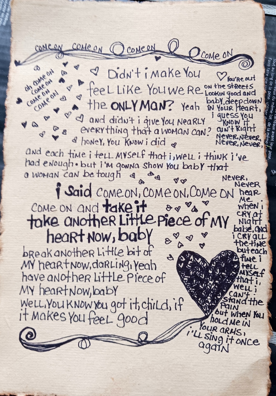 Song Lyrics Wall Art Original Pen Drawing on Textured Handmade Paper ...