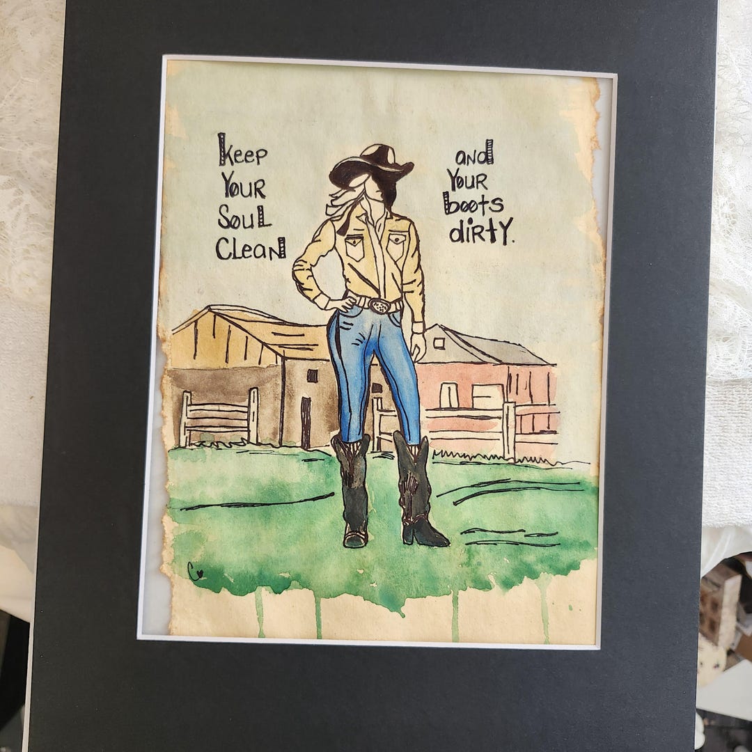 Cowgirl Art: Original Watercolor & Ink Drawing, Western Home Decor ...