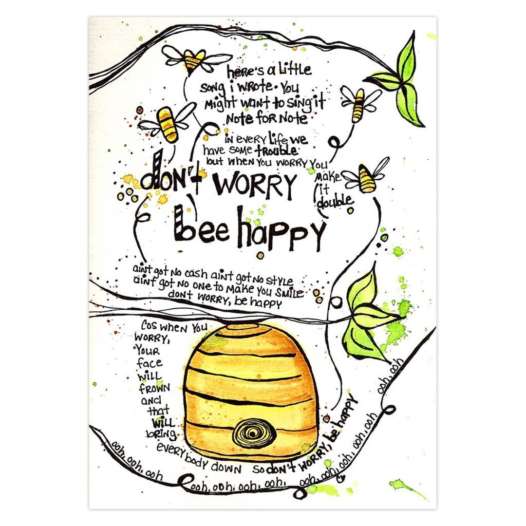 Bee Happy Greeting Card W/ Envelope, Original Artwork Design, Fun ...