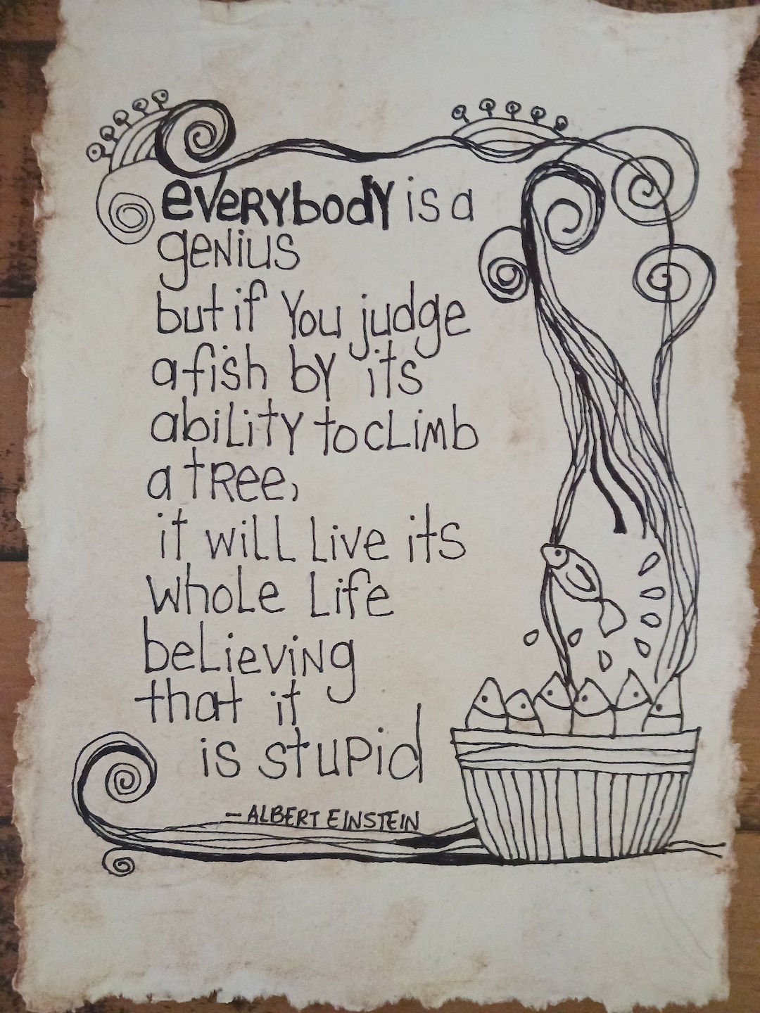 Albert Einstein Quote Art: Original Pen and Ink Drawing on Handmade ...