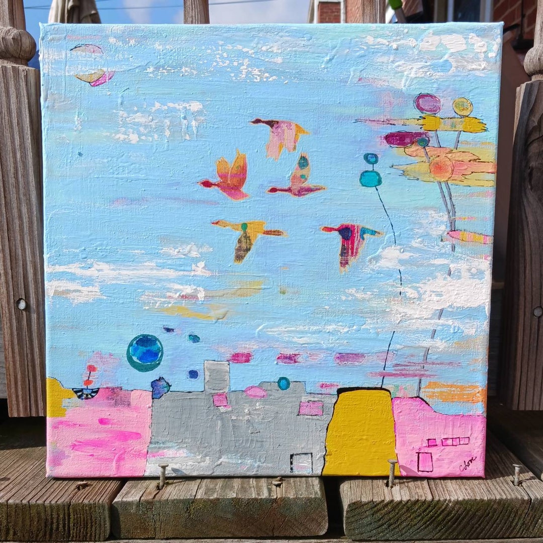 Flying Birds Geese Textured 12x12 Stretched Canvas Mixed Media Original ...