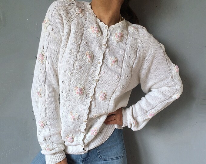 Vintage Cottagecore Embroidered Floral Linen Cotton Pastel Cardigan ...