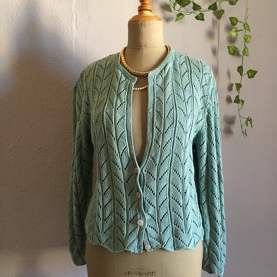 Vintage cottagecore lace cotton verdigris cardigan, f… - Gem