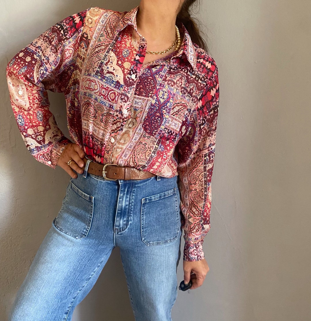 Vintage 90s Boho Paisley Ethnic Print Gauze Shirt, Casual Chic Comfy ...