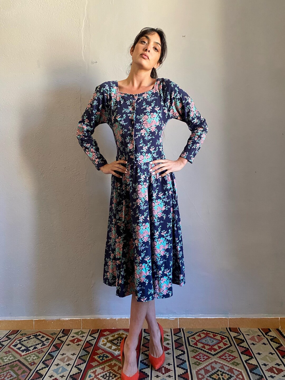 Laura Ashley Vintage Cottagecore Folk Prairie Garden Navy Cotton Jersey ...