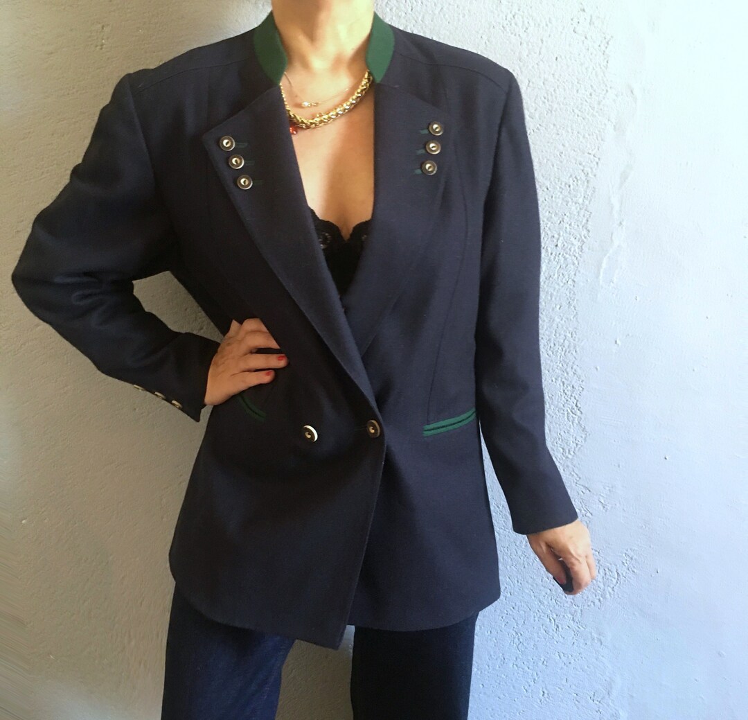 Vintage Austrian Wool Folk Blazer, Navy Trachten Double Breasted Jacket ...