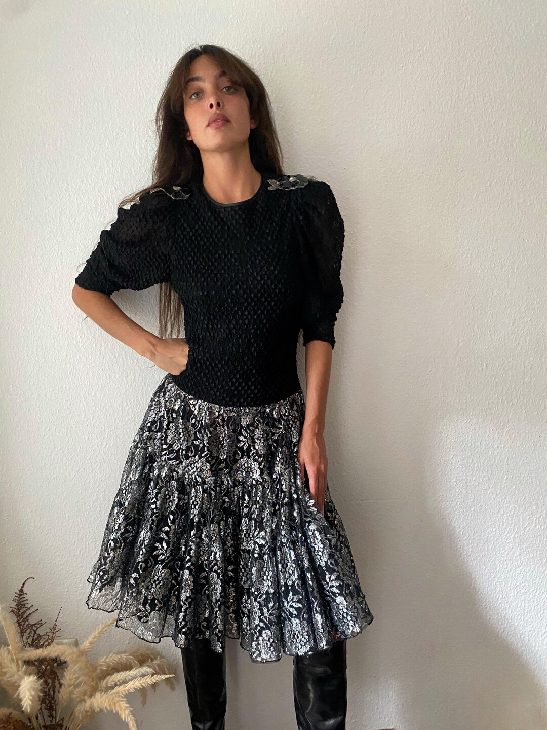 Vintage 80s Bubble Stretch Ruffle Maximalist Metallic Party Prom Midi ...