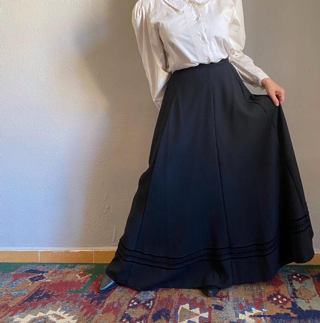 Vintage 1970s Austrian Maxi Skirt, Black Wool Blend, Velvet Trim, Folk ...