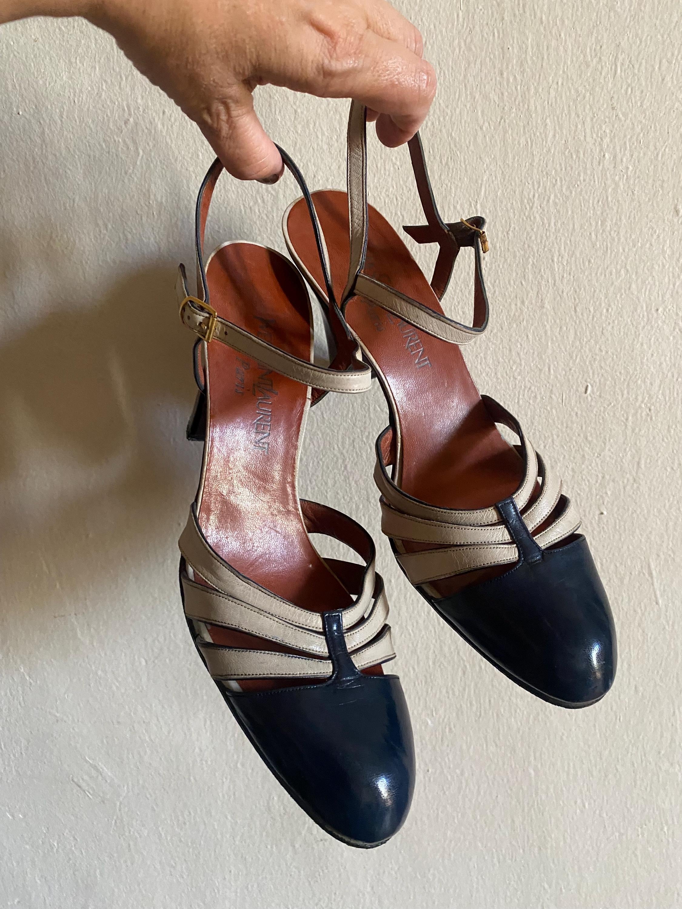 Vintage 80s Yves Saint Laurent Paris Leather Ankle Strap Heels, Navy ...