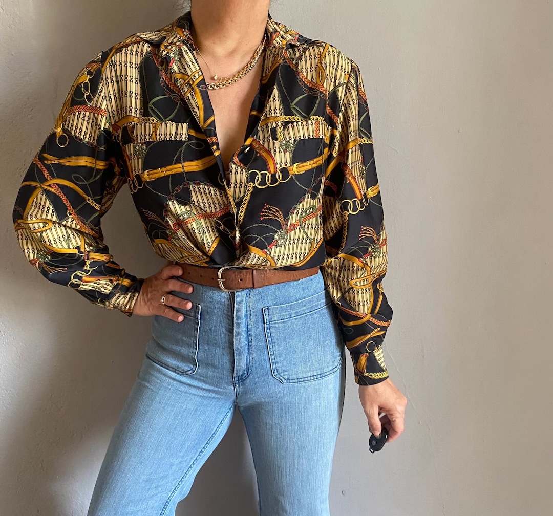 Vintage Baroque Equestrian Print Satin Shirt, 80s Fashion Elegant Old ...