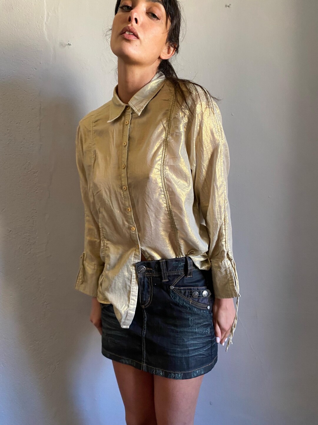 Vintage Y2K Golden Metallic Blouse, Shiny Cotton Party Bell Sleeves ...