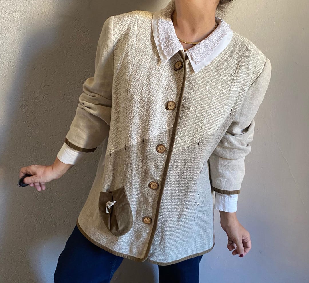 Vintage Austrian Folk Meiko Ecru Jacket, Trachten Rustic Linen & Suede ...